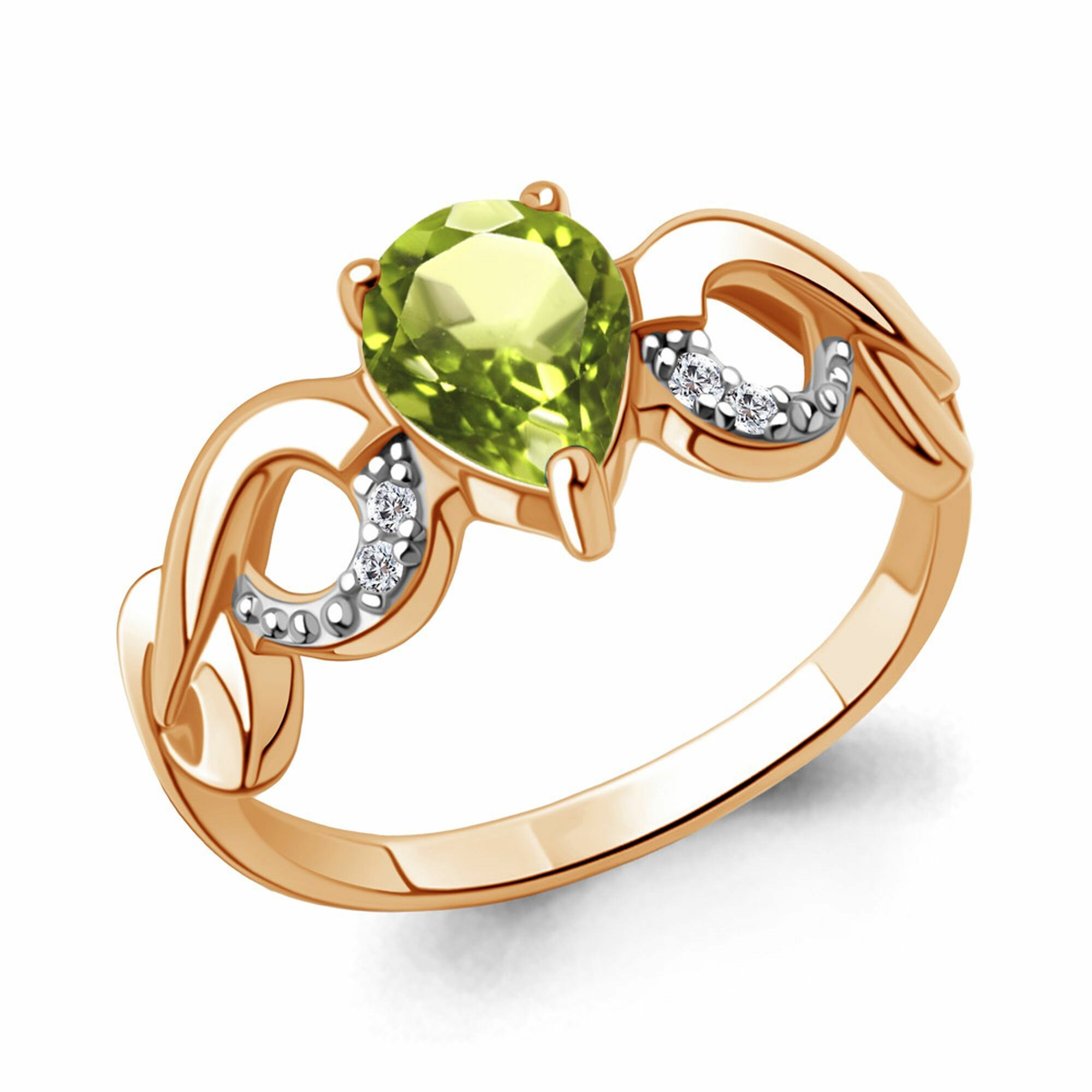 Кольцо, серебро, 925 проба, золочение, хризолит, фианит