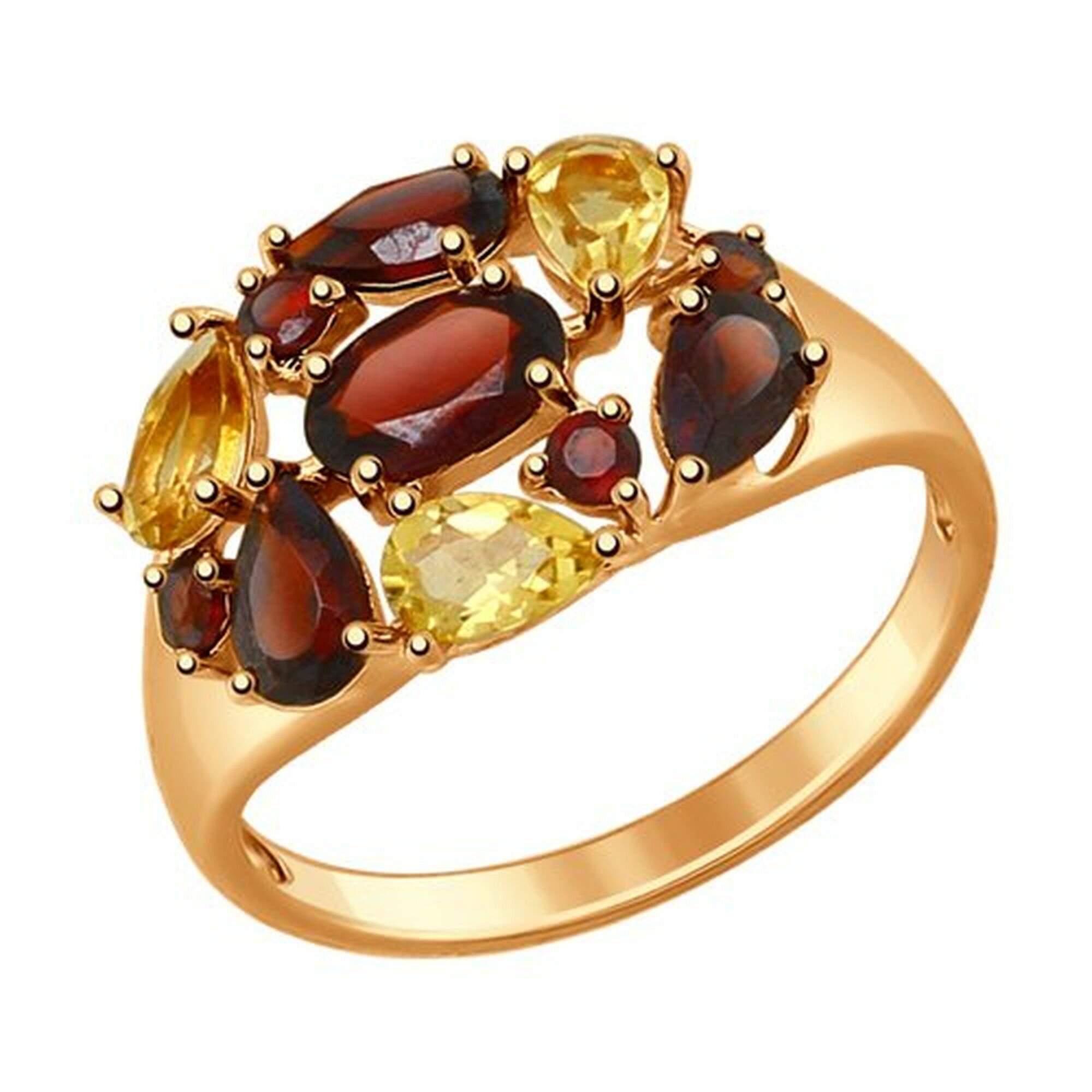Кольцо, серебро, 925 проба, золочение, цитрин, гранат