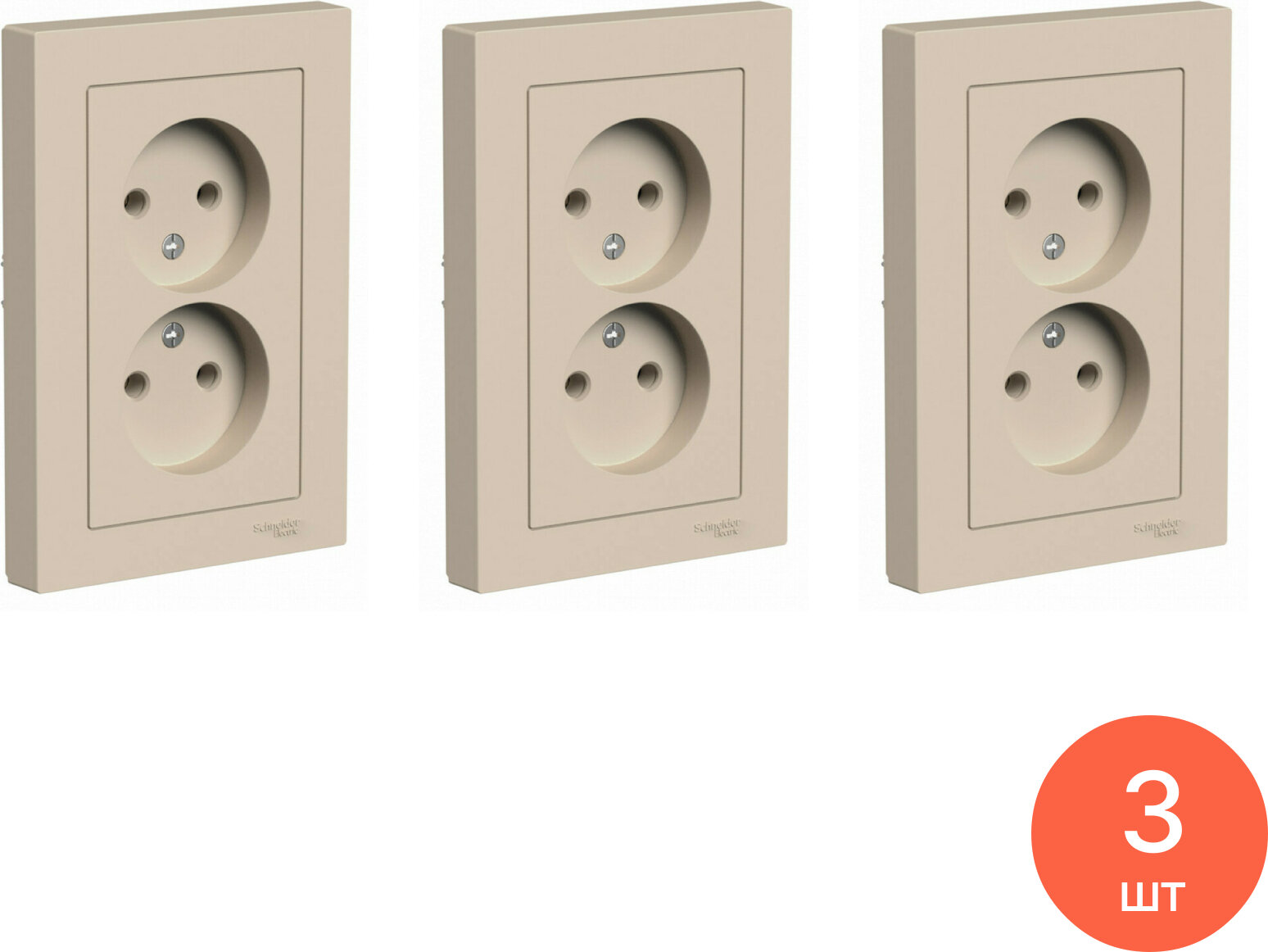 Розетка силовая штепсельная Systeme Electric / Систем Электрик AtlasDesign в сборе двойная, 16А 250В IP20 песочный без заземления, ATN001220 / электрооборудование (комплект из 3 шт)
