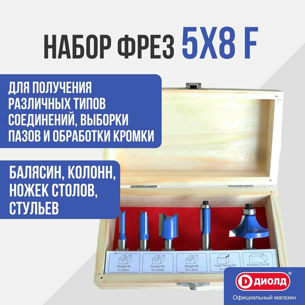 Набор фрез Диолд 5x8 F (5 шт, диаметр хвостовика 8 мм)