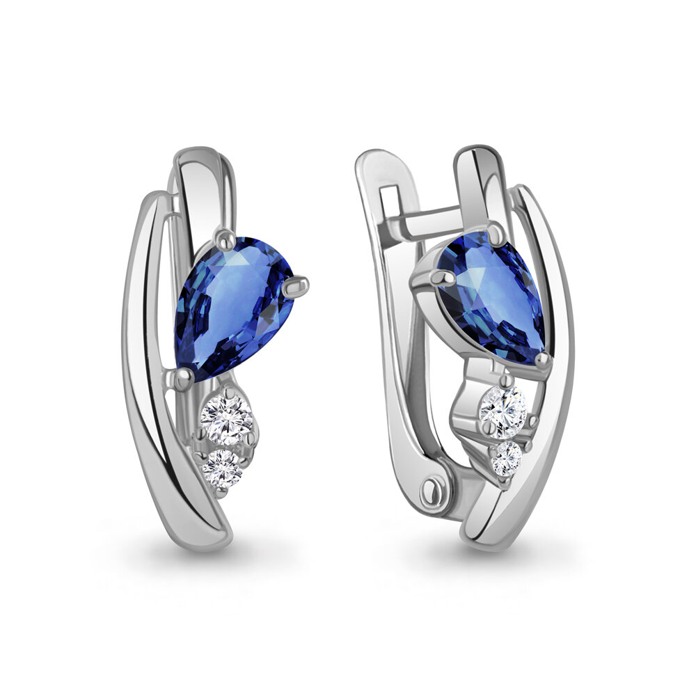 Серьги, серебро, 925 проба, родирование, сапфир синтетический, фианит