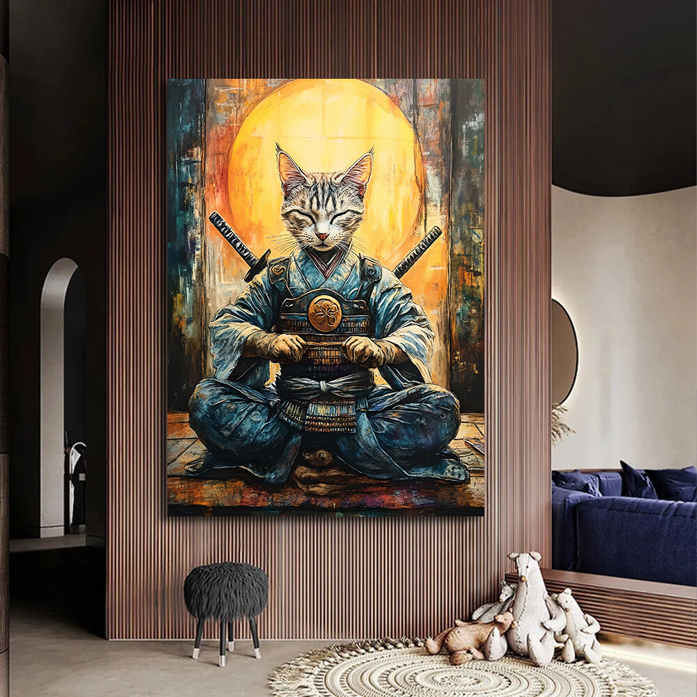 КОТ самурай / Дзен, картина на стену / настенный декор с котиками в японском стиле, 30х40 см.