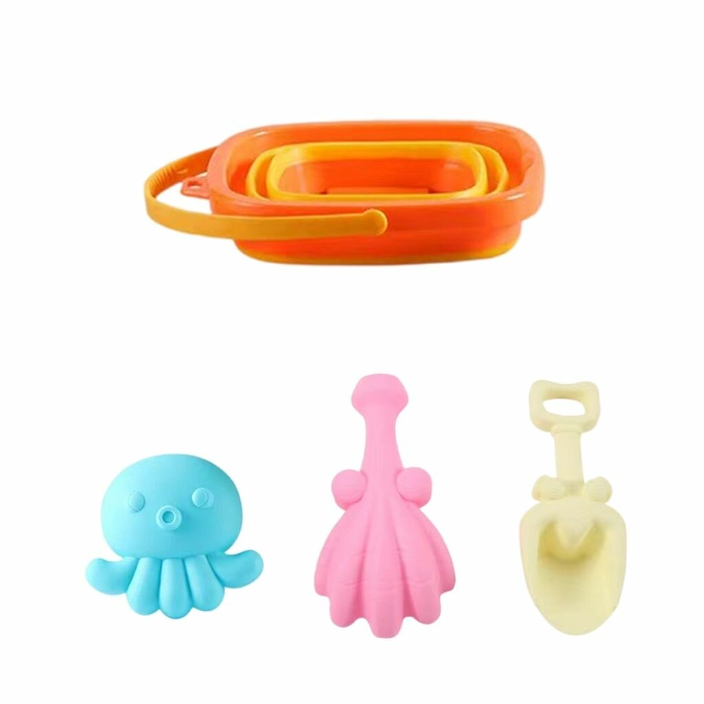 1 набор из 4 складных и телескопических ведер для игр в воде на пляже, оранжево-красного цвета