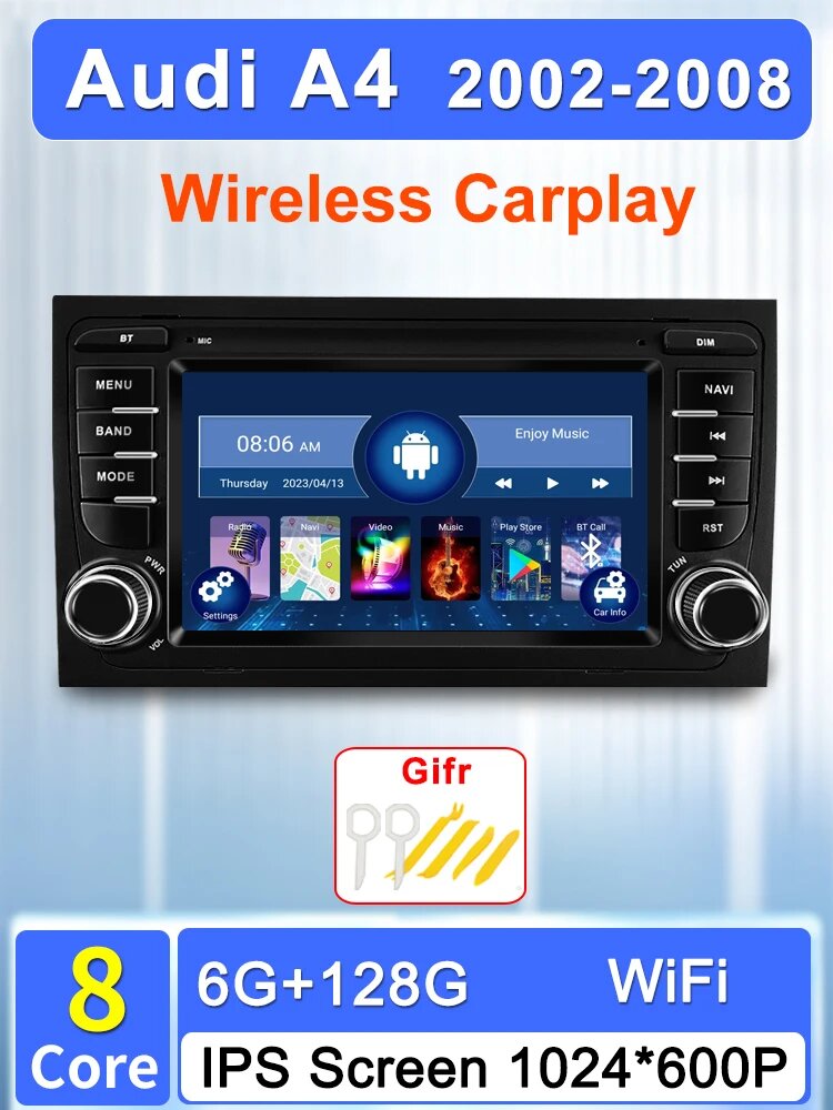 Для Audi A4 B6 B7 B8 S4 RS4 Core 8 2002-2008 Android 13 7-дюймовый автомобильный мультимедийный видеоплеер DSP GPS Carplay 8core 6G 128G