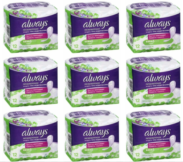 Прокладки Always Light женские, незаметная защита, 12 шт, 9 уп