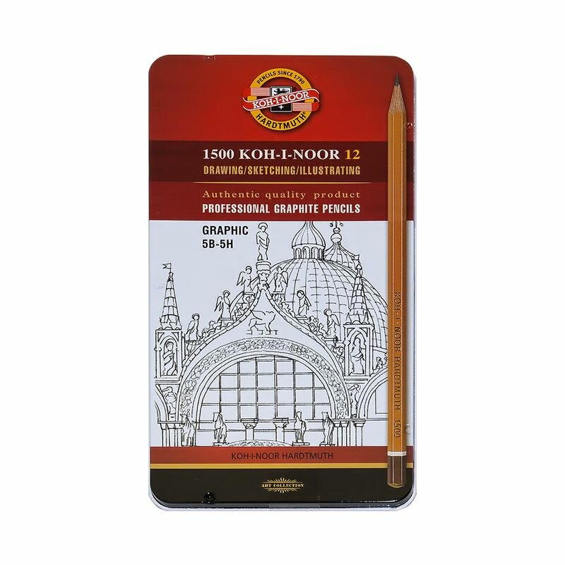 Набор карандашей чернографитных разной твердости 12 штук 5В-5H в металлическом пенале