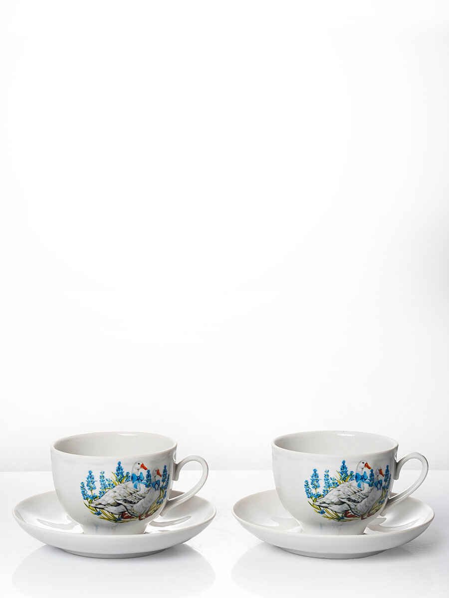 Набор фарфоровых чайных пар Дулево ф. Гранатовый "Гуси" 275 мл, 2 шт.