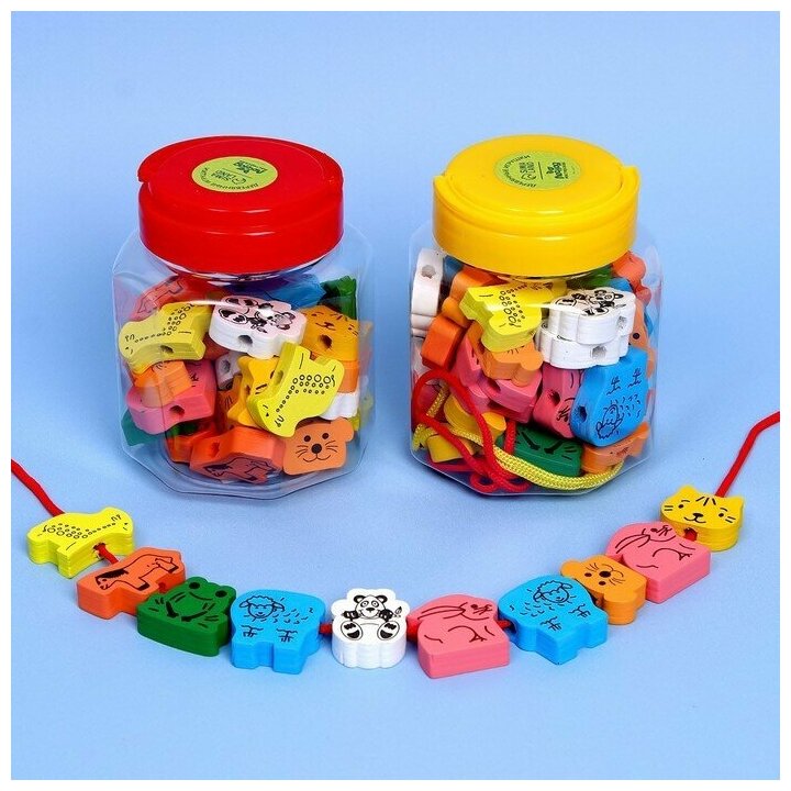 Шнуровка в банке 40 деталей "Животные", 2 иглы, 2 шнурка, цвета микс, 452149