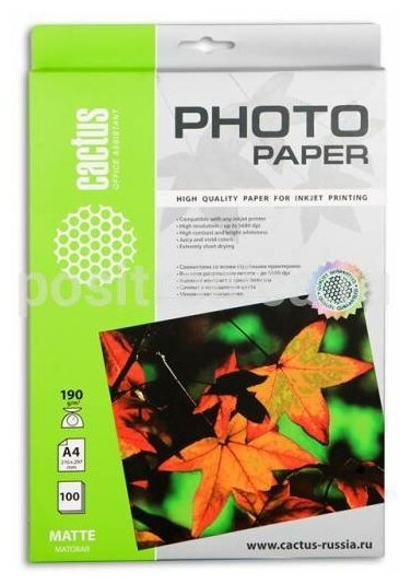 Фотобумага Cactus CS-MA4190100 A4/190г/м2/100 л/белый, матовая, для струйной печати