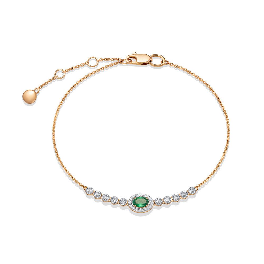 Браслет-цепочка, красное золото, 585 проба, родирование, изумруд