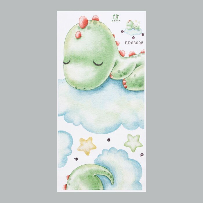 Наклейка интерьерная цветная Малыш-динозавр на облаке, пластик, 30×60 см