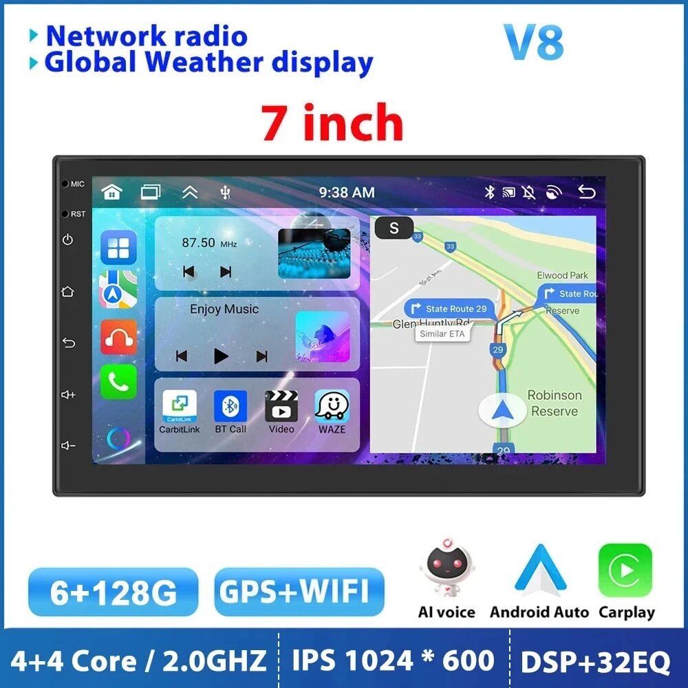 Podofo 8G 256G Автомобильный радиоприемник GPS 2 din Android 11 Auto Carplay Универсальный 7 "для Volkswagen Nissan Hyundai Toyota Мультимедийный плеер 4Core 6 128G