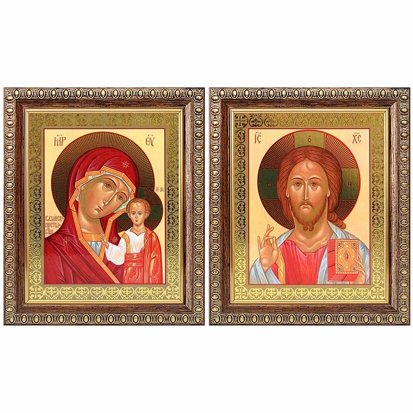 Венчальная пара "Спаситель-Казанская" (лики № 027-028), две иконы в темных пластиковых рамках 12,5*14,5 см
