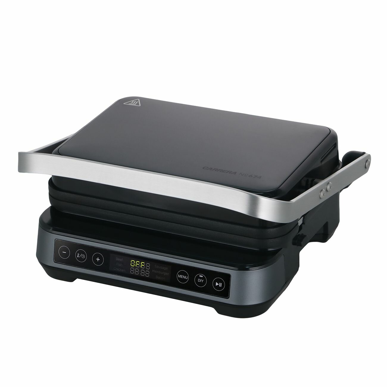 Умный электрогриль Carrera №674, мощность 2000 Вт, двухстороние панели, панели для вафель, 7 программ, таймер
