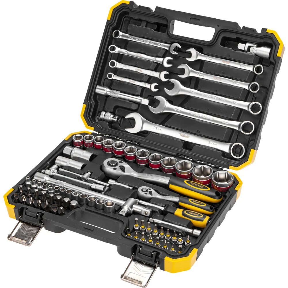 Набор инструментов KRANZ 1/2", 1/4", CRV, пластиковый кейс, 82 предмета KR-66-6682, для выполнения различных слесарно