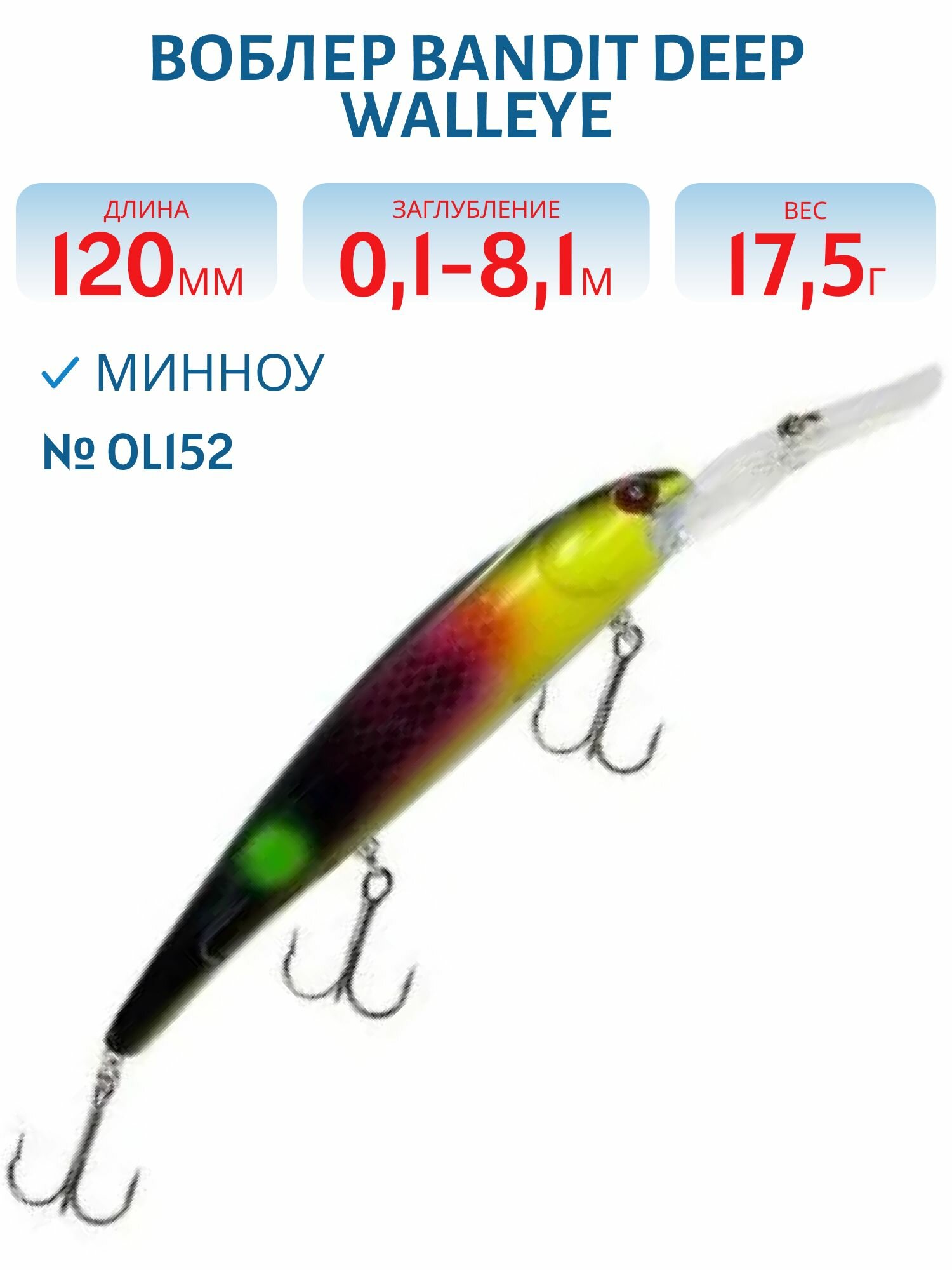 Воблер BANDIT DEEP WALLEYE, 120 мм, 17,5 гр, цвет OL152