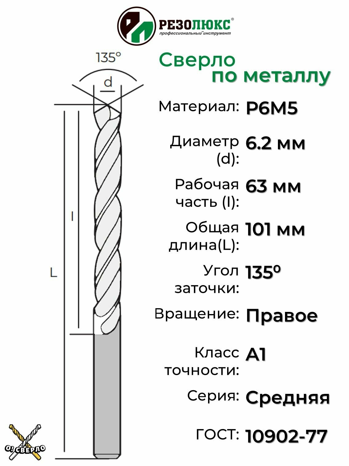 Сверло по металлу 6,2 мм А1 с цилиндрическим хвостовиком резолюкс 1 шт.