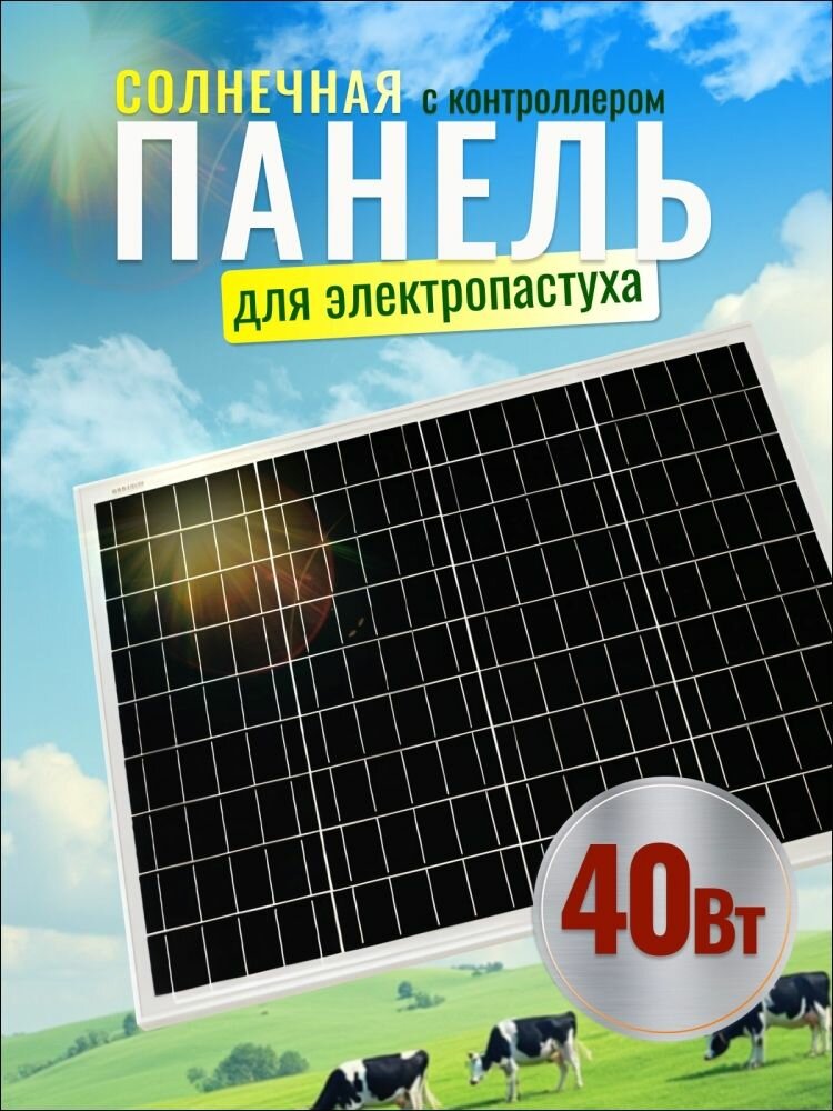 Солнечная панель, для электропастуха, 40Вт, контроллер PWM, поликристаллическая