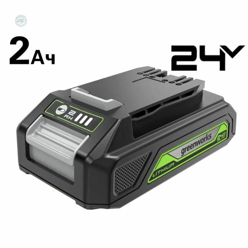 Аккумулятор GreenWorks G24B2 24V 2Ач, литий-ионный, ударопрочный корпус, индикатор заряда, совместим со всей линейкой G-24, быстрая зарядка 45 минут