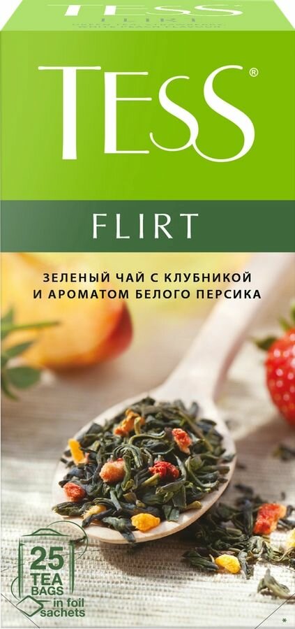 Чай зеленый TESS Flirt с кусочками персика и клубники, 25пак x 3 упаковки