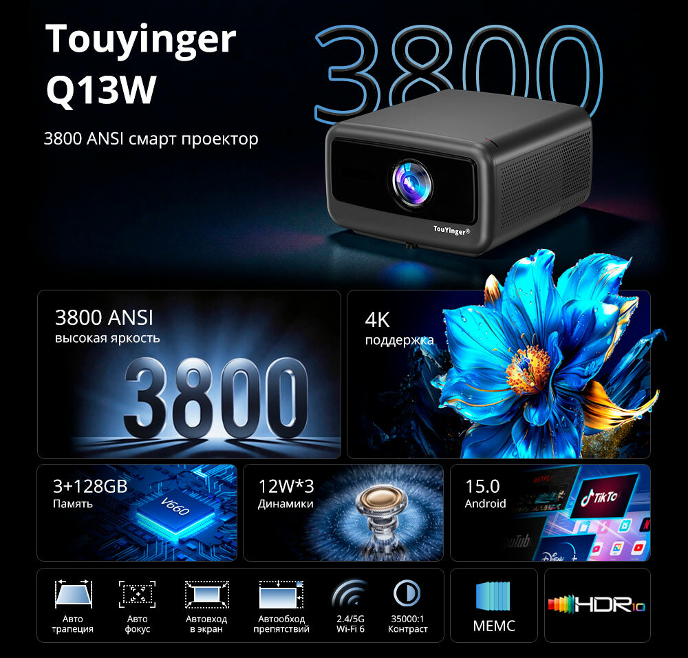 Проектор Touyinger Q13W 3800ANSI Full HD 4K декодер Android 15, поддержка MEMC Smart TV, домашний кинотеатр