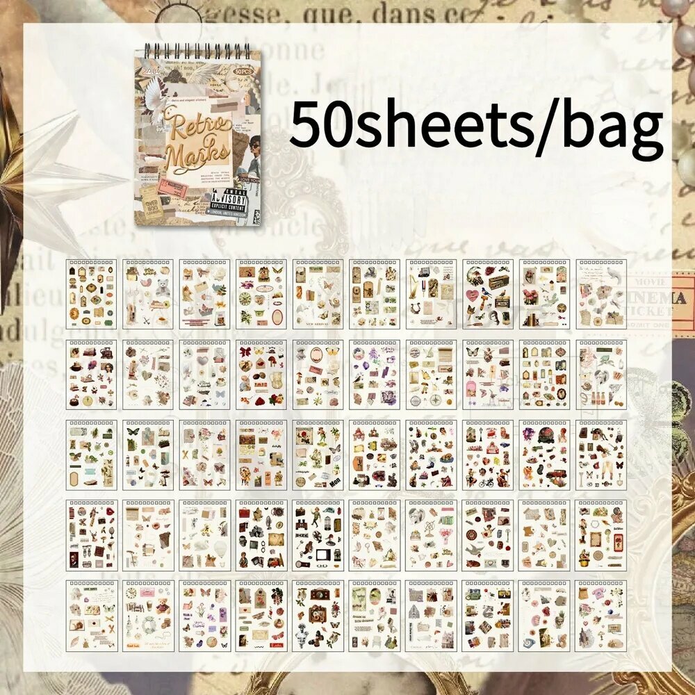 Наклейка декоративная, Mr. Paper, 50листов/книга, ретро-стиль, тематика классических рукописей, комбинация PET и бумаги, для скрапбукинга, дневников, чехлов телефонов.