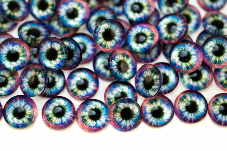 Кабошон стеклянный круглый с принтом Глаз 10х3,5мм, оттенок сиреневый, 2030-041, 10шт