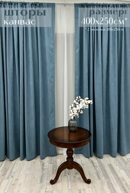 Шторы Милкитекс канвас 400х250см / комплект (200х250см - 2шт) бархатистых портьер для зала, кухни, спальни, сизые