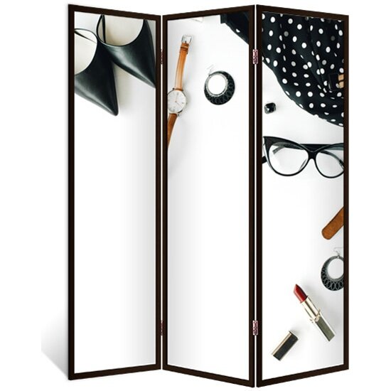 Ширма перегородка Декор Депо для комнаты деревянная "Диор и туфли" двухсторонняя с картинкой (мода и красота) 3 створки венге 176х140 см 11 кг