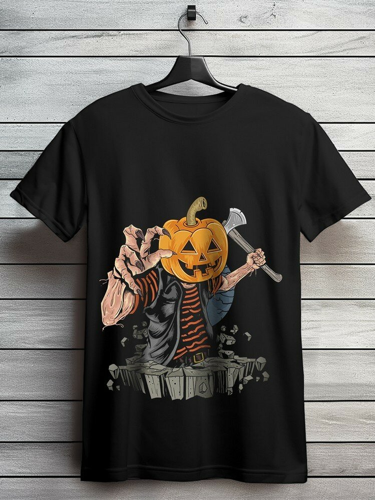 Футболка Футболка унисекс черная из хлопка с DTF принтом хеллоуин тыква топор, Helloween, хоррор, осень) - 8433