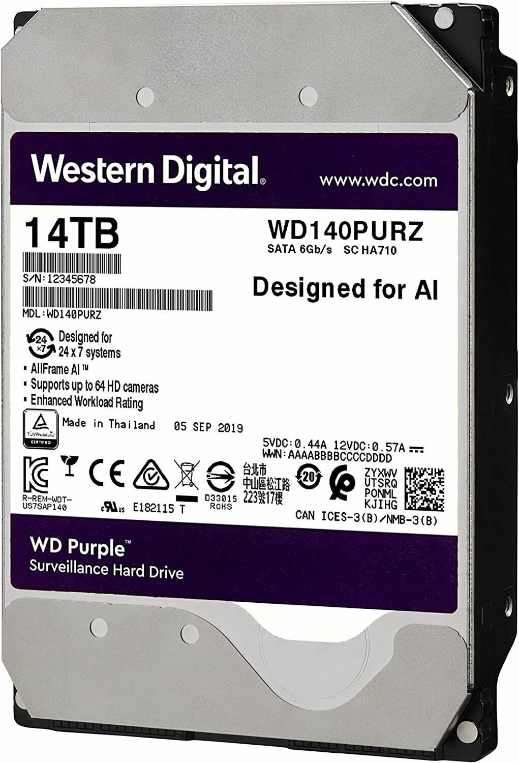 Внутренний жесткий диск Western Digital Б/У / WD PURPLE / для видеонаблюдения камер, 1 шт.