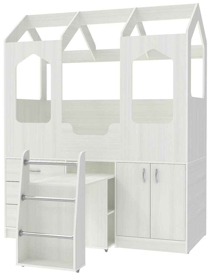 Кровать чердак Домик-Сказка с выдвижным столом ДС-14 Белое Дерево Белое Дерево