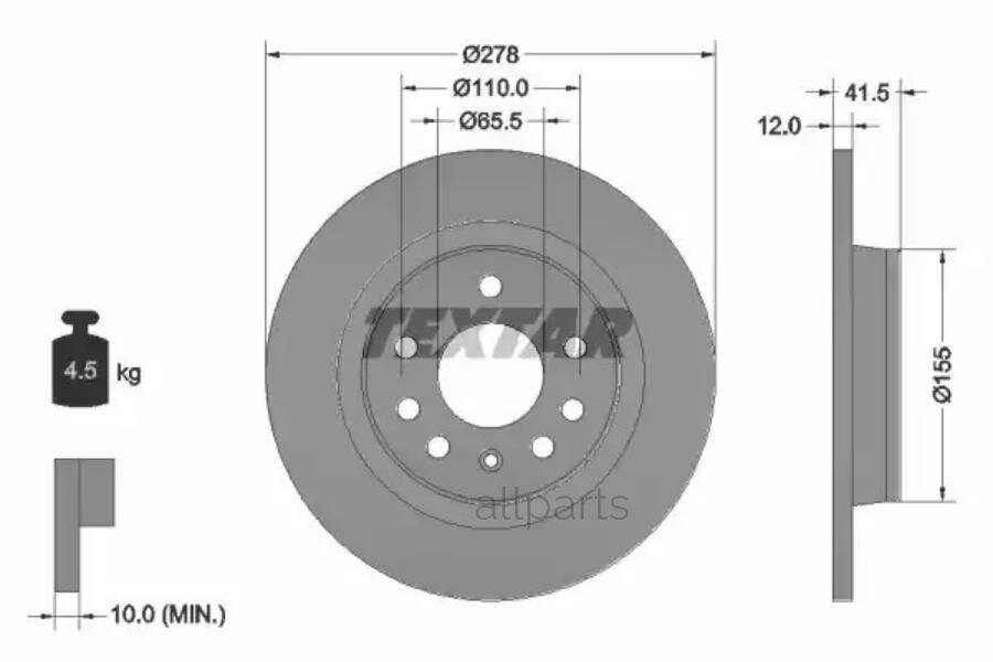 TEXTAR 92118503 Диск тормозной задний с покрытием PRO CHEVROLET/FIAT/HOLDEN/OPEL/SAAB/VAUXHALL TEXTAR 92118503