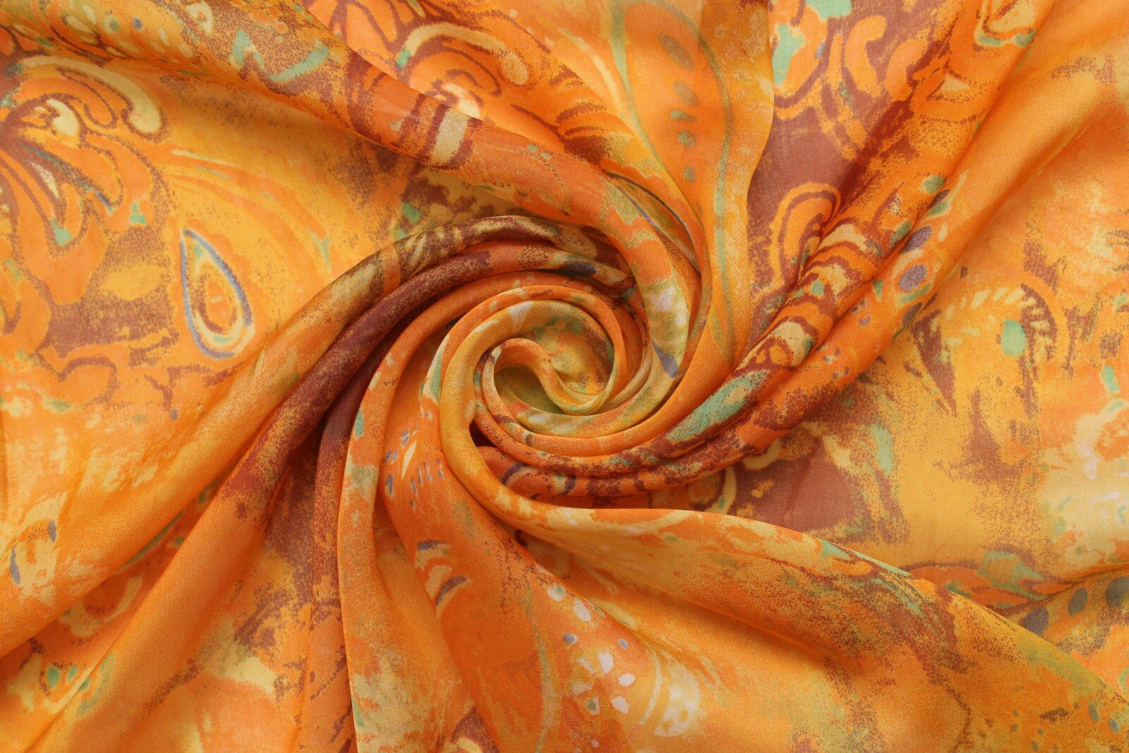 Ткань Шелк-шифон рыжий с бордовым и бирюзовым, ш130см, 0,5 м