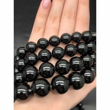 Каменные бусины, Агат, чёрный, тонированный, шарик гладкий, 20 мм, длина нити 38 см, около 19 бусин
