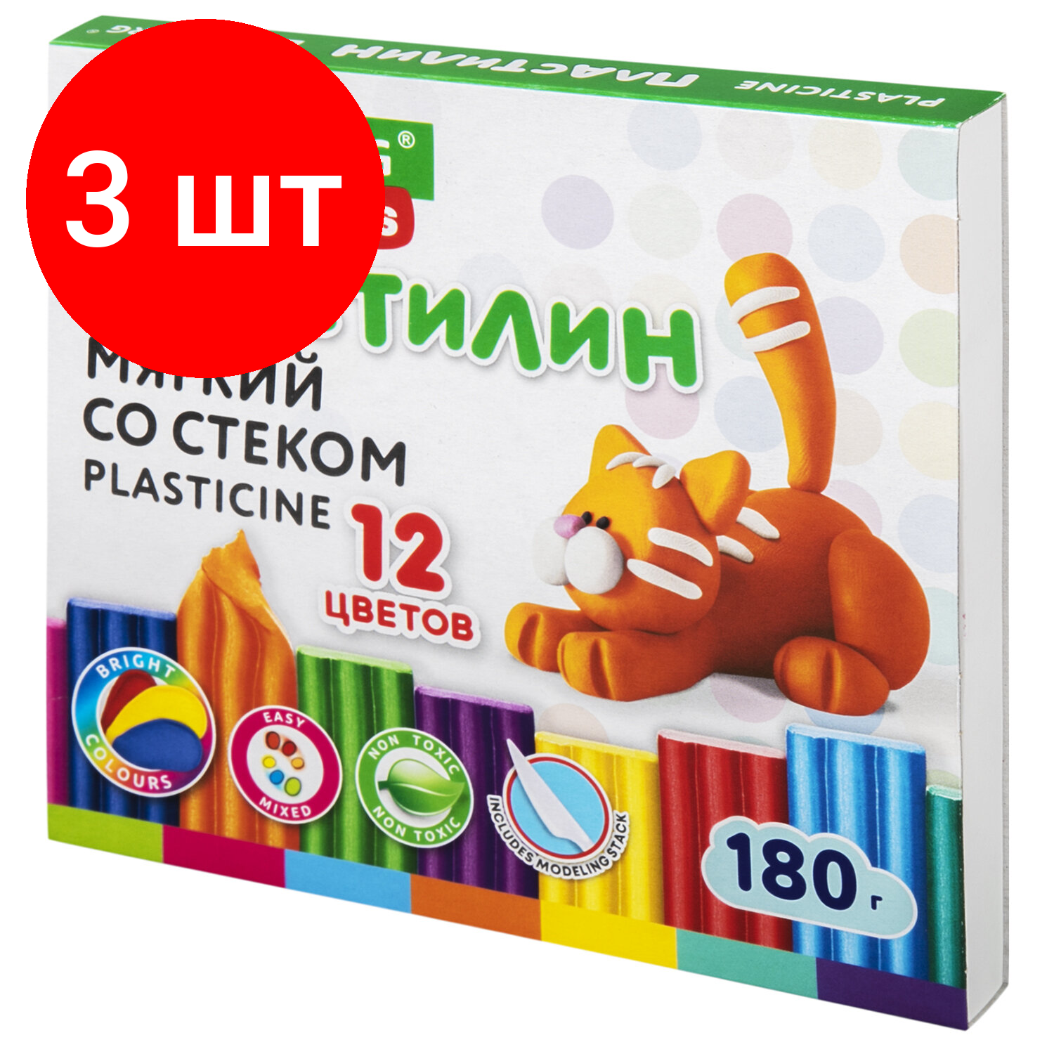 Комплект 3 шт, Пластилин мягкий восковой BRAUBERG KIDS, 12 цветов, 180 г, со стеком, 106495