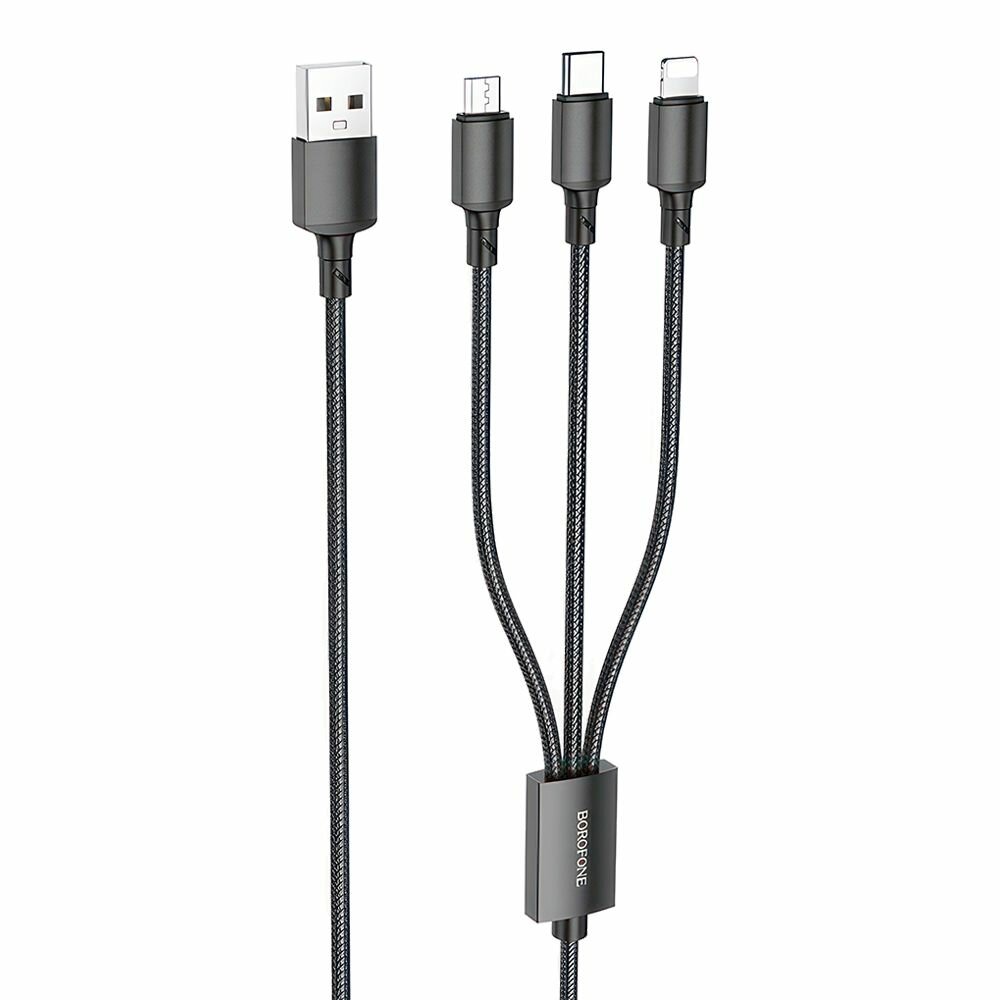 USB кабель BOROFONE BX72 Lightning 8-pin/MicroUSB/Type-C, 3в1, 1м, нейлон (черный)