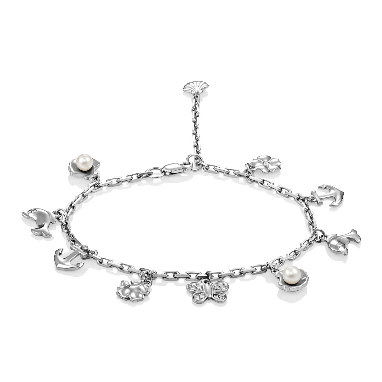 Браслет-цепочка, серебро, 925 проба, родирование, жемчуг