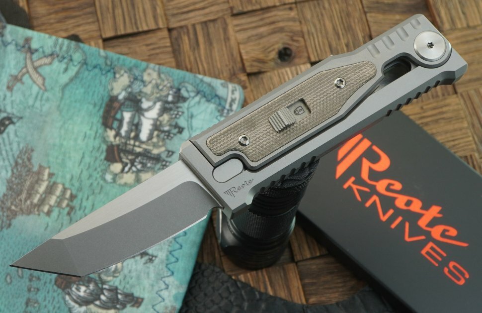 Складной нож Reate Knives Mini-Exo, сталь CPM-3V, SW, танто, рукоять титан/зеленая микарта
