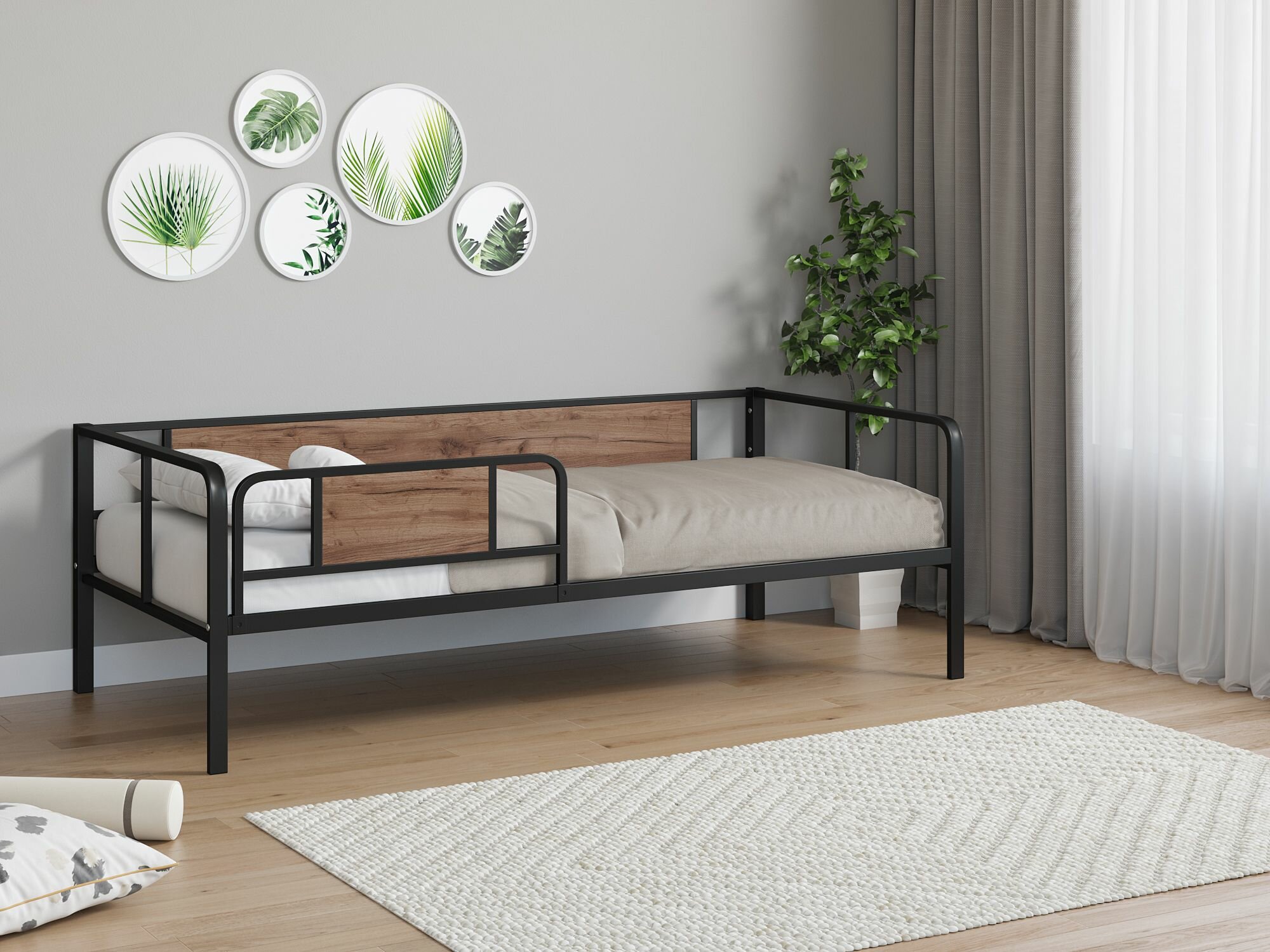 Односпальная кровать Арга Лофт с бортиком Черный/Дуб крафт табак