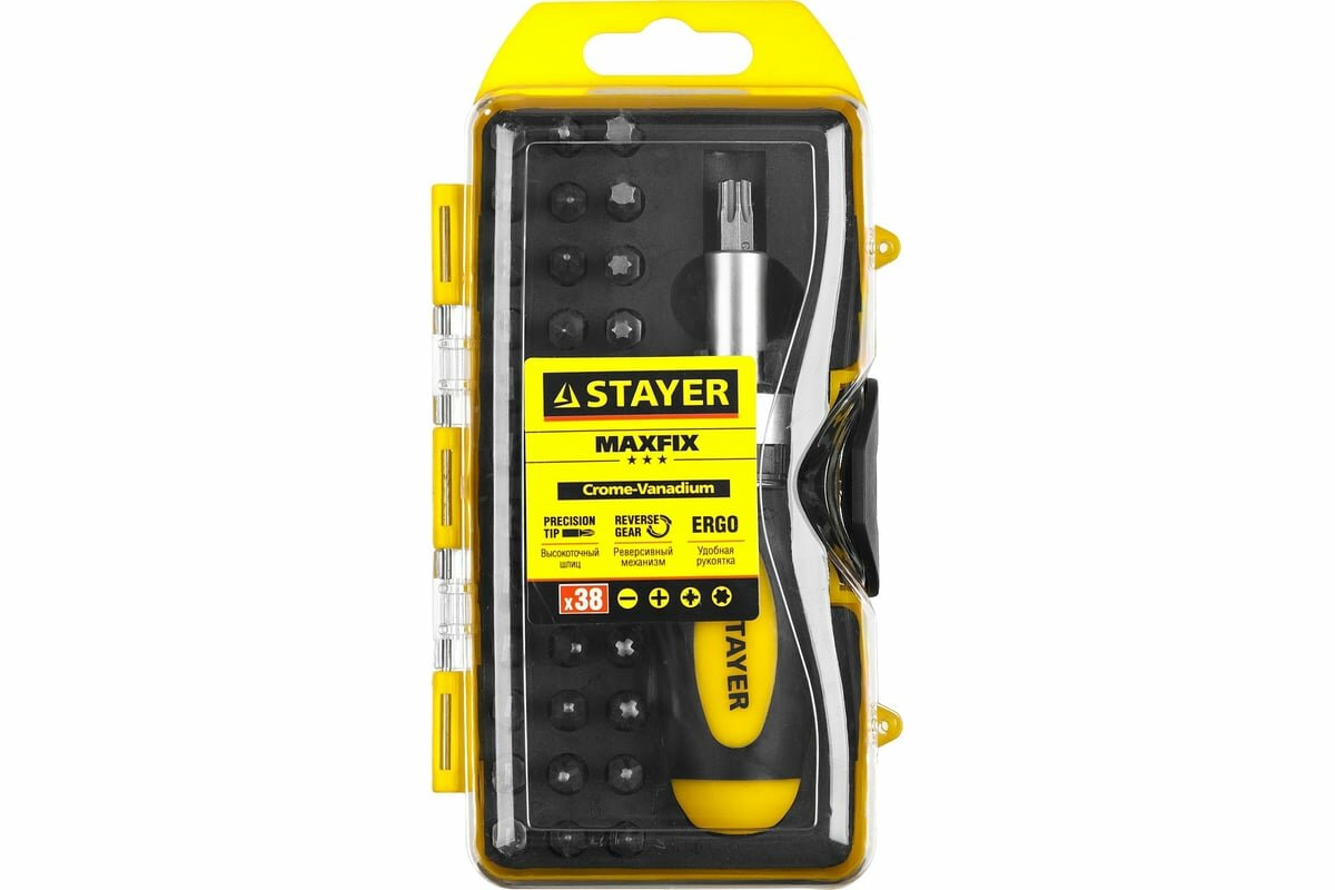 Реверсивная отвертка в наборе STAYER 2557-H38 с битами, Cr-V сталь, 38 предметов