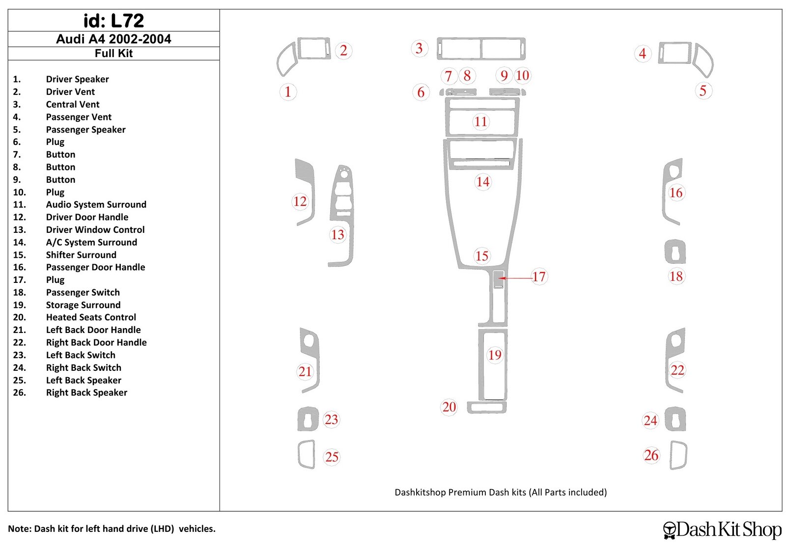 Накладки салона под дерево, карбон, алюминий для Audi A4 2002-2004. Комплект L72.