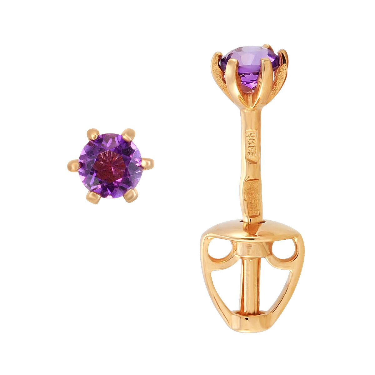 Серьги пусеты, красное золото, 585 проба, аметист