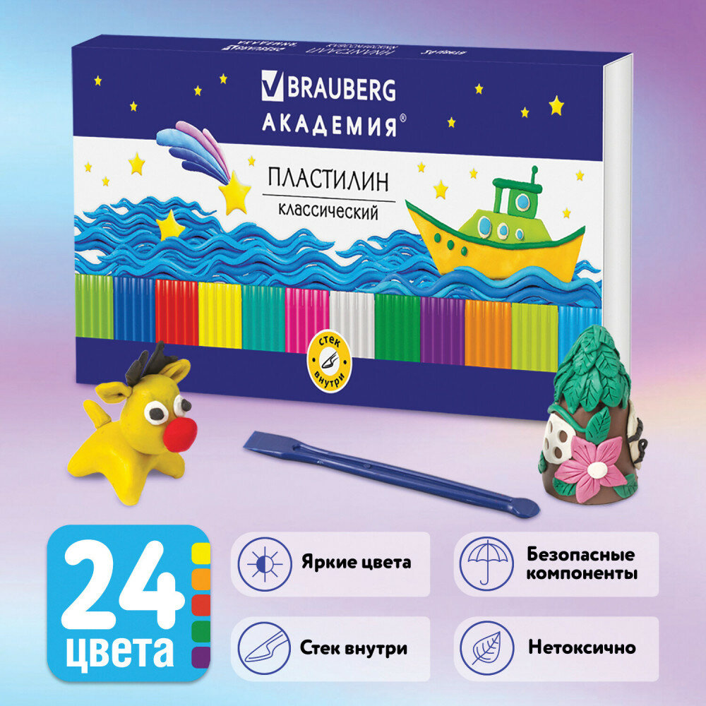 Пластилин классический BRAUBERG "академия", 24 цвета, 480 г, со стеком, высшее качество, 105899, 1 шт