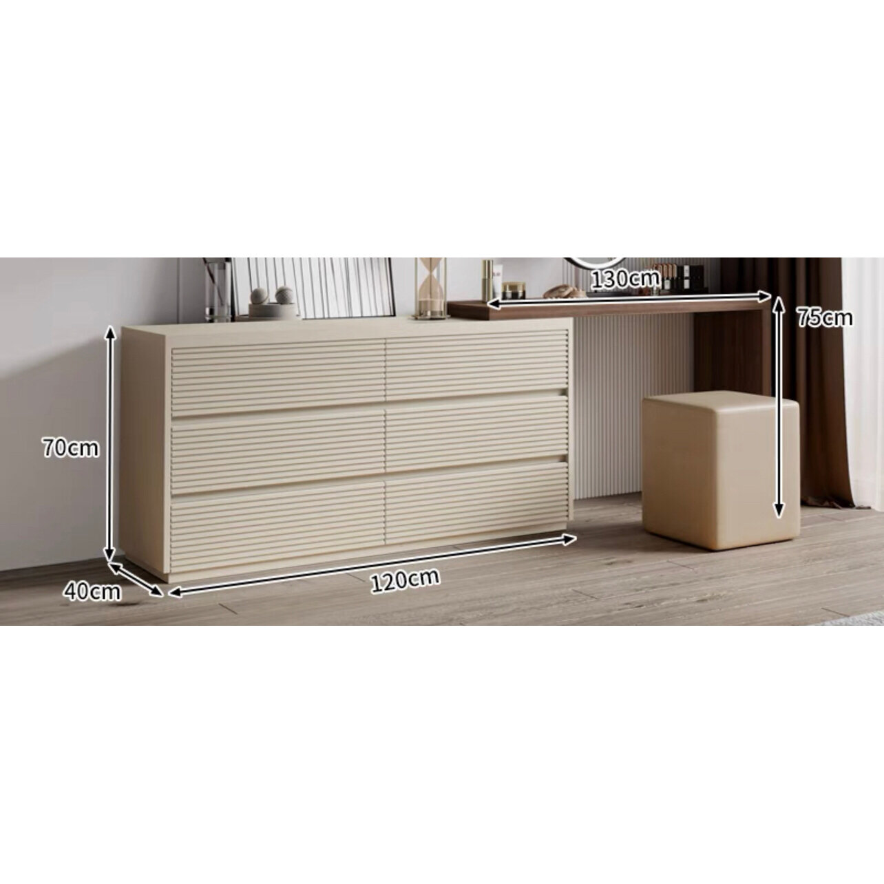 Комод с туалетным столиком Bernard (Комод светло-бежевый / 120см + стол 130см + пуф)