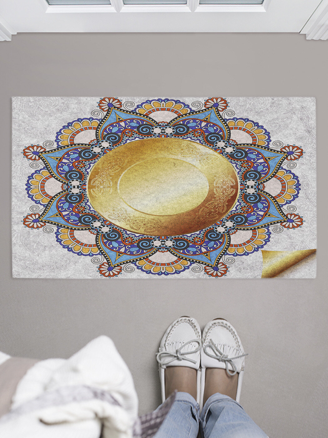 Коврик придверный в прихожую с принтом "Золотой круг в узорах" 45 на 75 см , JoyArty