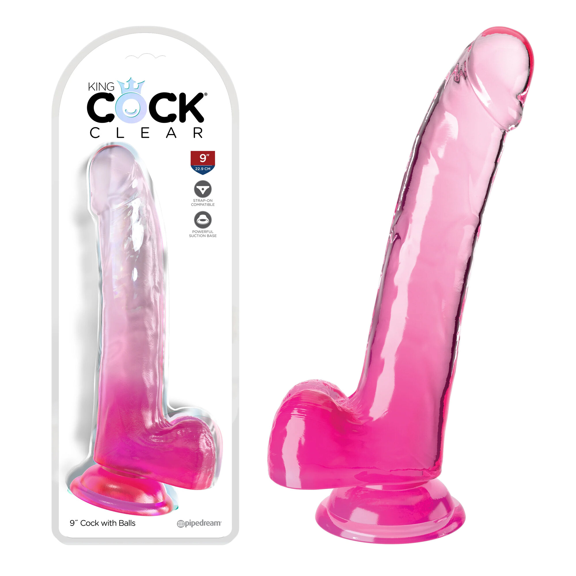 King Cock Clear, Cock with Balls 9" Фаллоимитатор с мошонкой, прозрачный/розовый (24.8, Ø 4.5 см)
