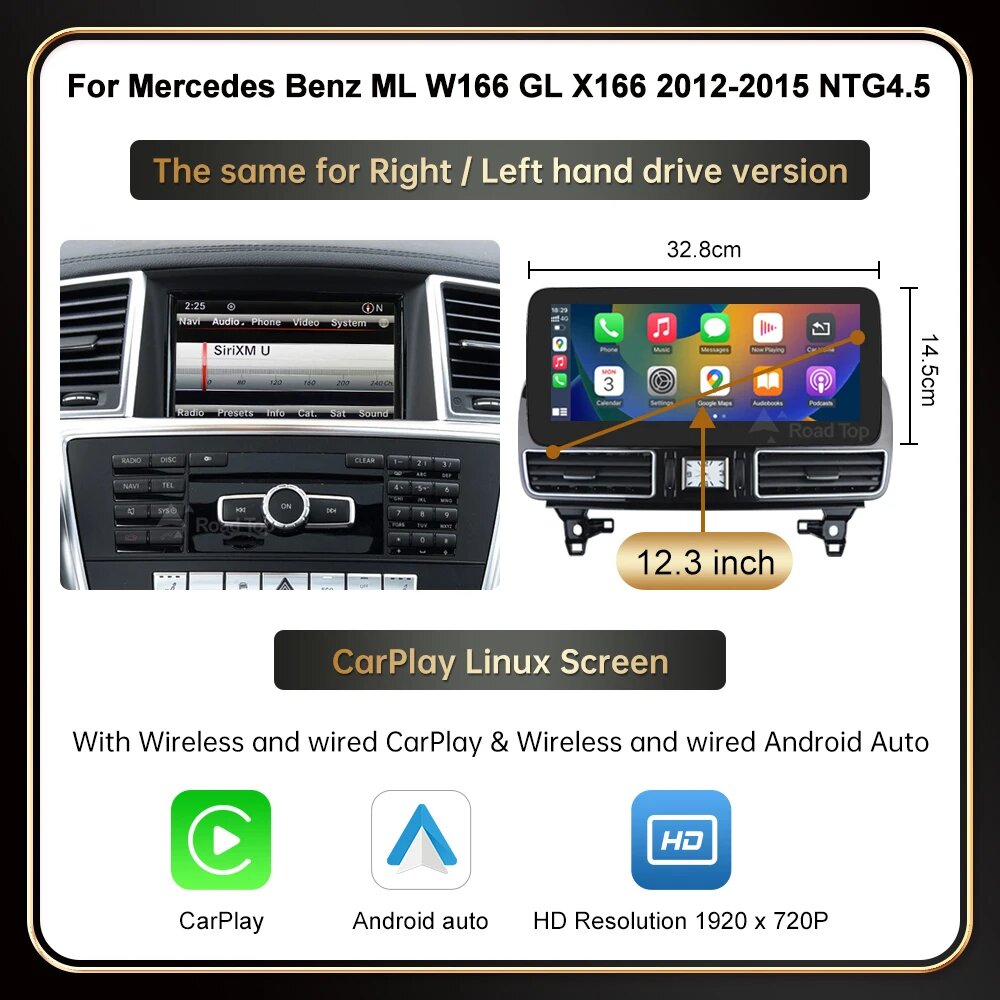 12,3-дюймовый беспроводной CarPlay Android Auto, мультимедийный дисплей, экран Linux для Mercedes-Benz ML GL W166 X166 2012-2015 NTG4.5