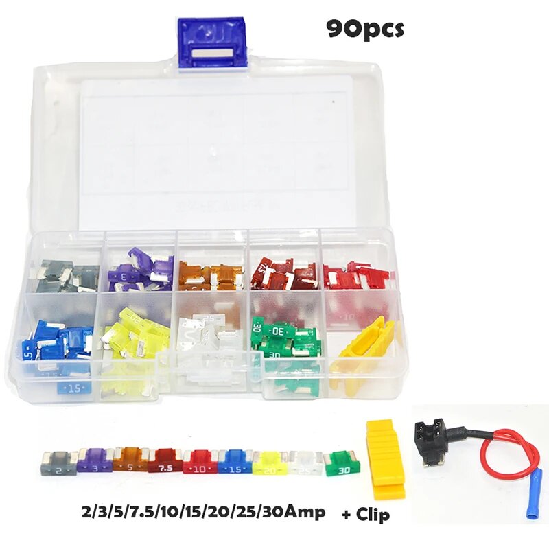 90/50 шт. предохранители микро короткие низкопрофильные мини-предохранители в ассортименте 3A 5A 7.5A 10A 15A 20A для автомобиля, лодки, грузовика, внедорожника, автомобильной промышленности 90fuse1tapwith box