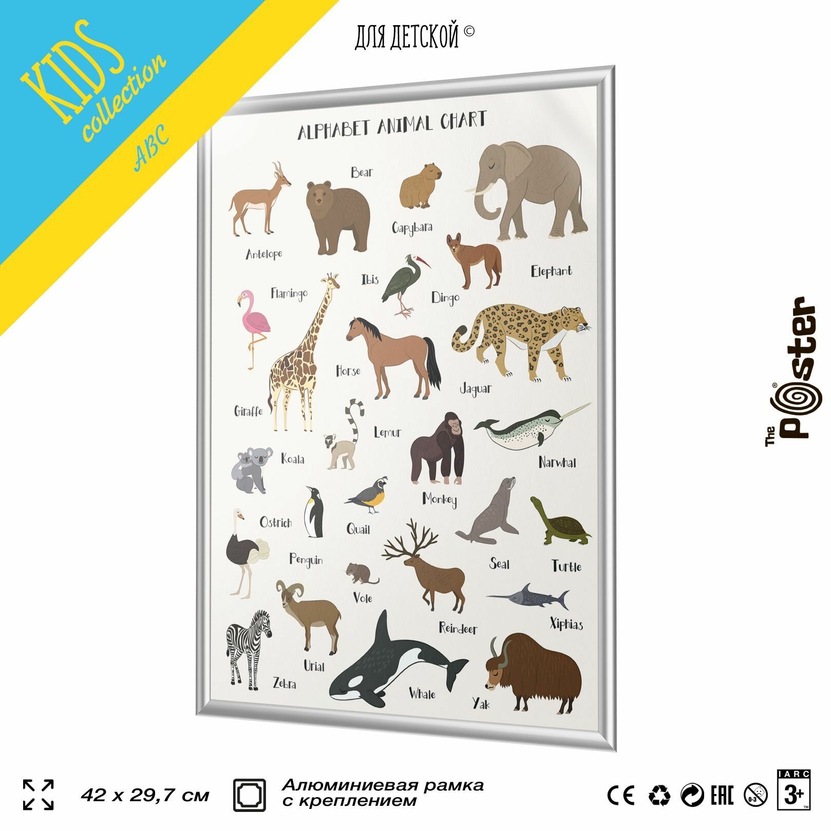 Постер обучающий, Английский алфавит, для начальной школы, в раме, А3 (420х297 мм), SilverPlane